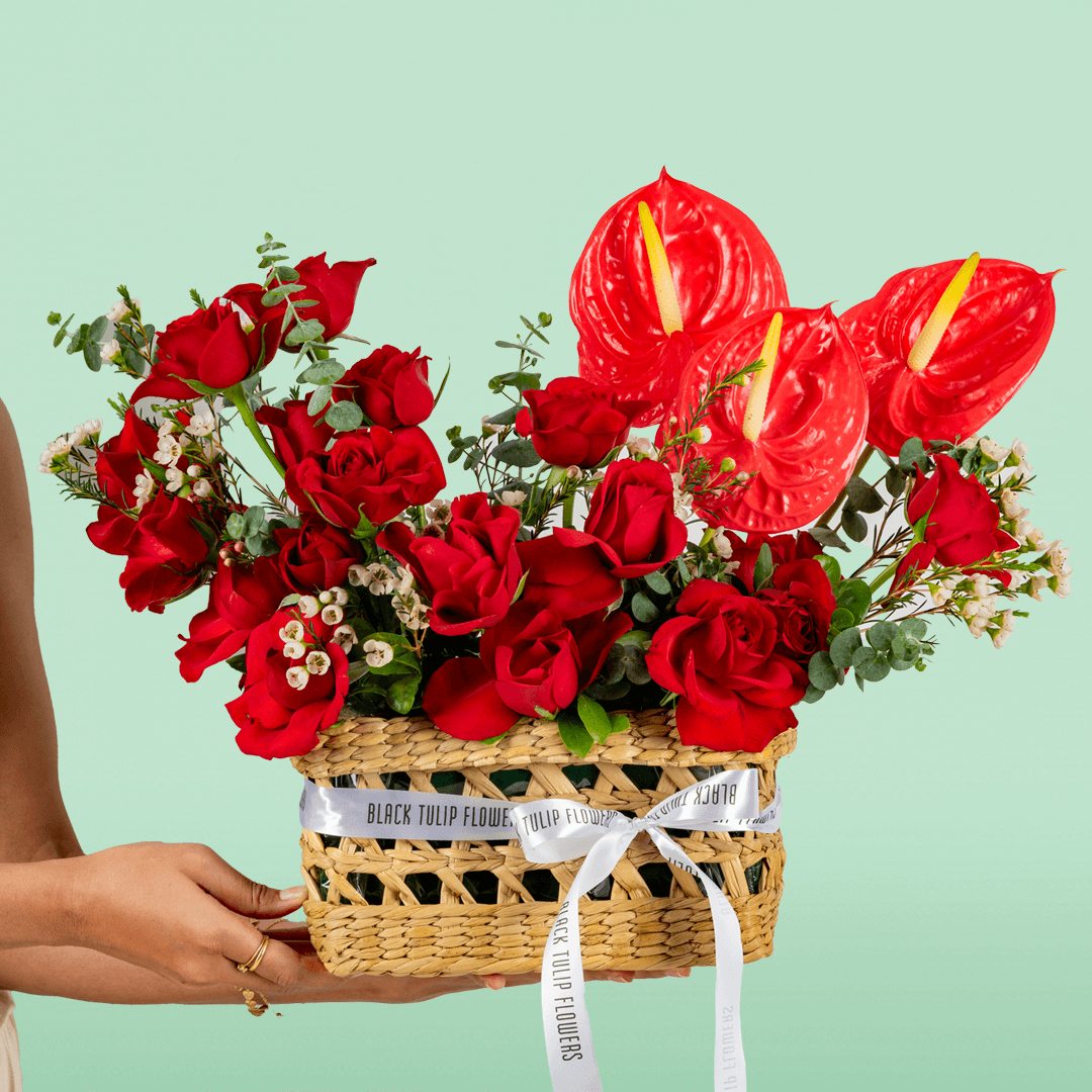 Valentine Flower Basket – Red Roses & Anthurium